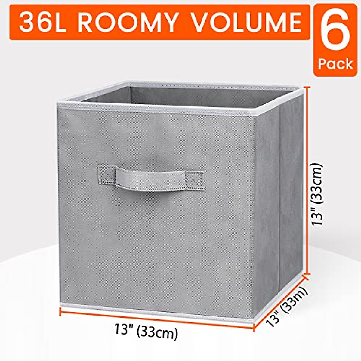 Storage Cubes, 13x13 Cube Storage Bins (6 Pack), Foldable Fabric Storage Cube Basket Bins wiht Dual Handles, Collapsible Storage Bins for Clothes, Toys, Closet, Shelves (Grey)