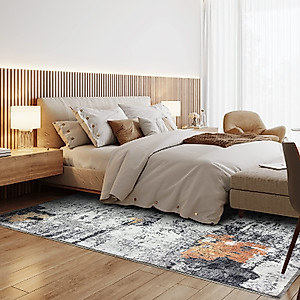 OIGAE Washable Rug 6x9, Abstract Modern Area Rugs with Non-Slip Backing, Non-Shedding Floor Mat Throw Carpet for Living Room Bedroom Kitchen Laundry Home Office, Grey/Yellow