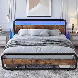 Fastroby King Size Bed Frames with Headboard LED Light, Platform Bed Frame King with 10" Under Bed Storage, Heavy Duty Bed Frame No Box Spring Needed, Easy Assembly, Rustic Brown and Black