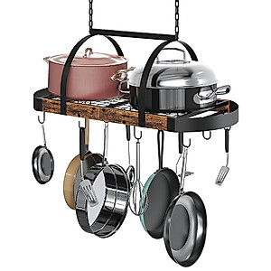 CHOEZON Hanging Pot Rack, Pot Hanger for Kitchen, Ceiling Mounted Pot Holder, Cookware Organizer with 12 S-Shaped Hooks, for Pot, Pan Storage, Space Saver, Rustic Brown and Black TPR08BF