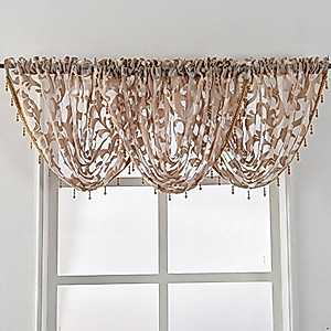 NAPEARL Swag Valance for Windows-Beige Organza Sheer Waterfall Valance, Elegant Beaded Valance Curtain for Bathroom, Kitchen, Small Windows (1 Valance, 57 x 37 Inch)