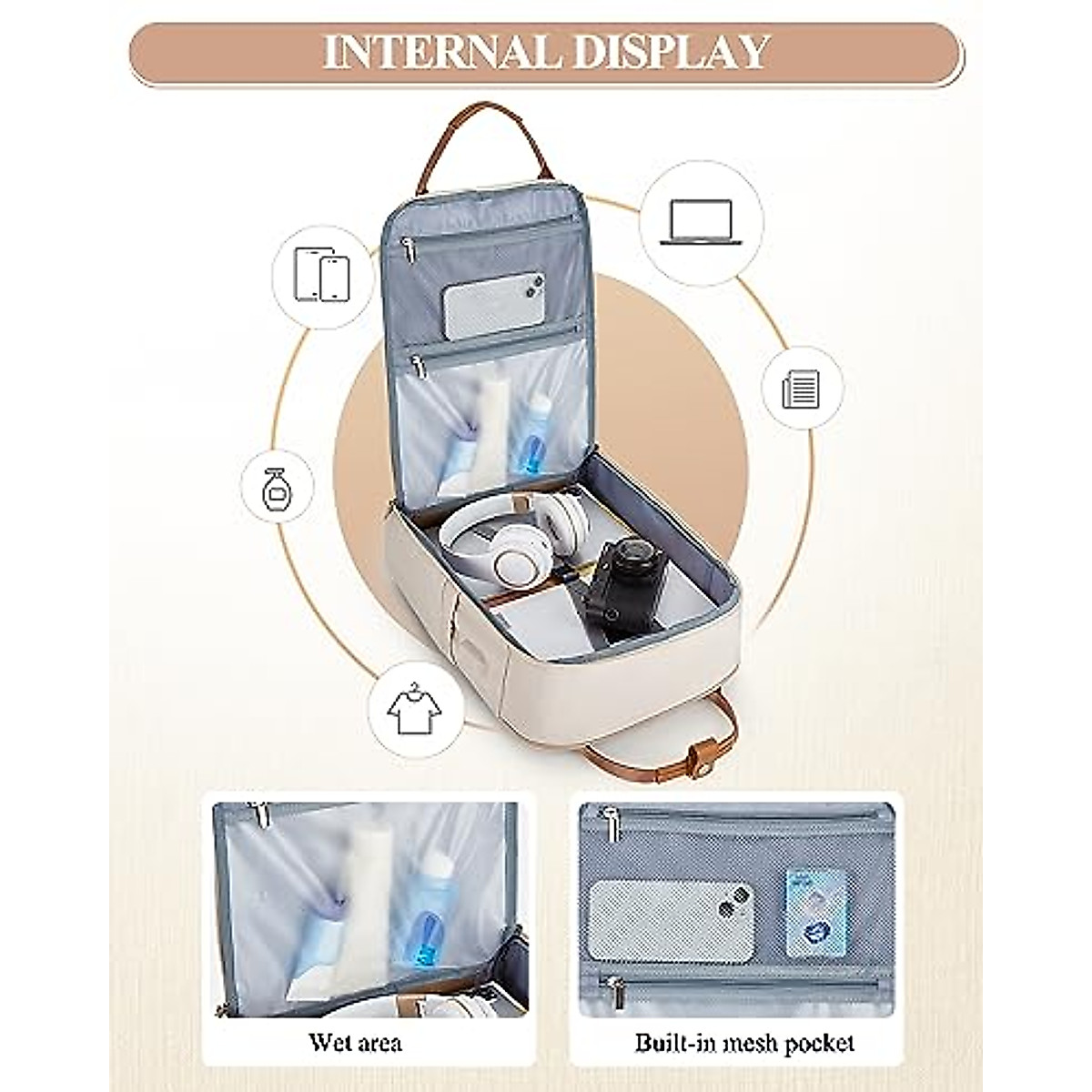 UPPACK Travel Laptop backpack for Women Work Bag Teacher Backpack Large Travel Backpack Women Carry On Backpack Laptop Backpacks for Men Personal Item Backpack for Airlines Outdoor Waterproof Beige