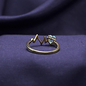 Wishrocks Heart Shaped Simulated Aquamarine Heartbeat with Heart Ring Jewelry Gift For Women In 14k Yellow Gold Over Sterling Silver Ring Size- 6