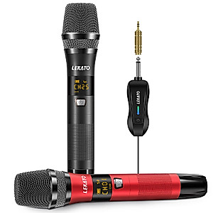 LEKATO Wireless Microphone, UHF Professional Microphones Rechargeable Metal Dual Wireless Microphone Dynamic Microphone System Set with Rechargeable Receiver for Karaoke Singing, Speech, Wedding