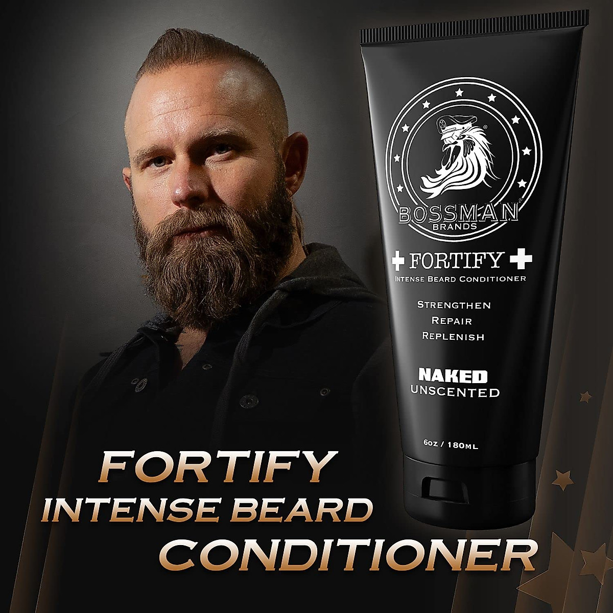 Bossman Fortify Intense Beard Conditioner - Shower Beard Wash, Moisturizer and Beard Softener for Men - Beard Growth Products - Made in USA (Naked Scent)
