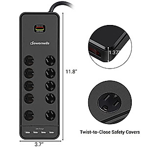 DEWENWILS 10-Outlet Surge Protector Power Strip with 4 USB Ports, 15 FT Long Extension Cord, Right Angle Flat Plug, 2480J Surge Rating 15AMP Circuit Breaker, Wall Mountable, UL Listed