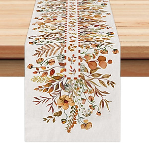 ARKENY Fall Thanksgiving Table Runner 13x72 Inches,Wildflower Leaves Floral Seasonal Burlap Farmhouse Indoor Outdoor Autumn Table Runner for Home AT489-72