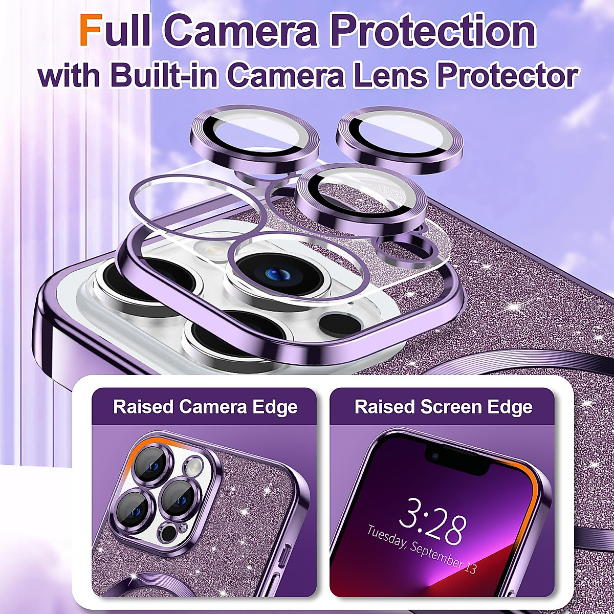 Hython for iPhone 13 Pro Max Case Glitter, Clear Magnetic Phone Cases with Camera Lens Protector [Compatible with MagSafe] Bling Sparkle Plating Soft TPU Slim Shockproof Protective Cover Women-Purple