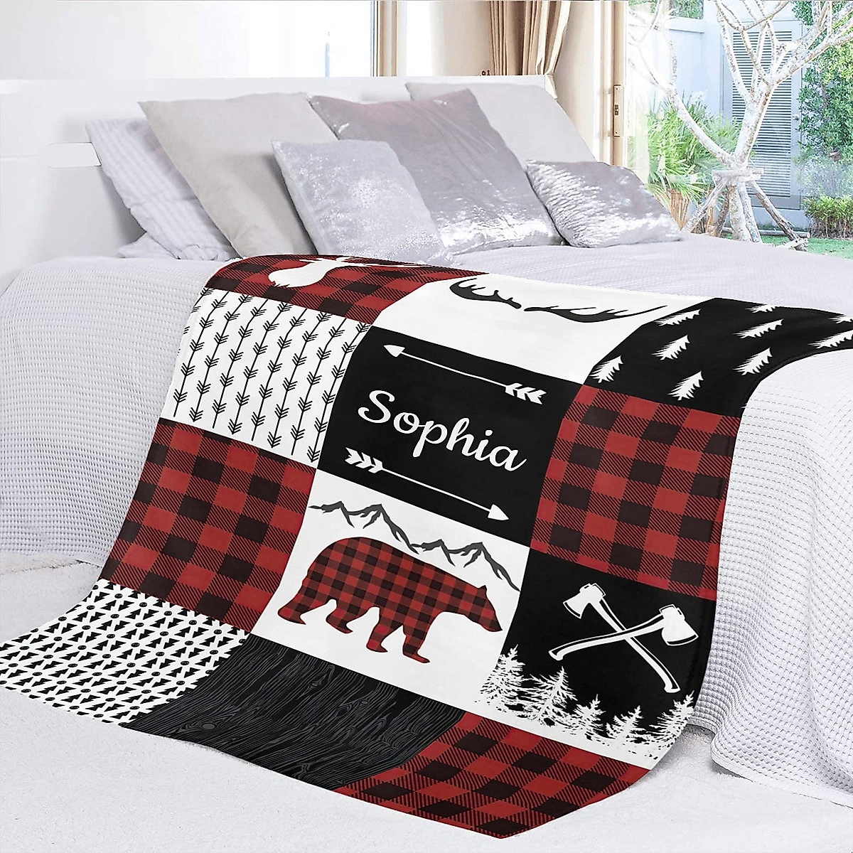 Arrow Bear Plaid Personalized Baby Blanke Name Soft Fleece Swadding Blankets Throw for Newborn Baby Girls Boys Pet Nursery 30'' x 40''