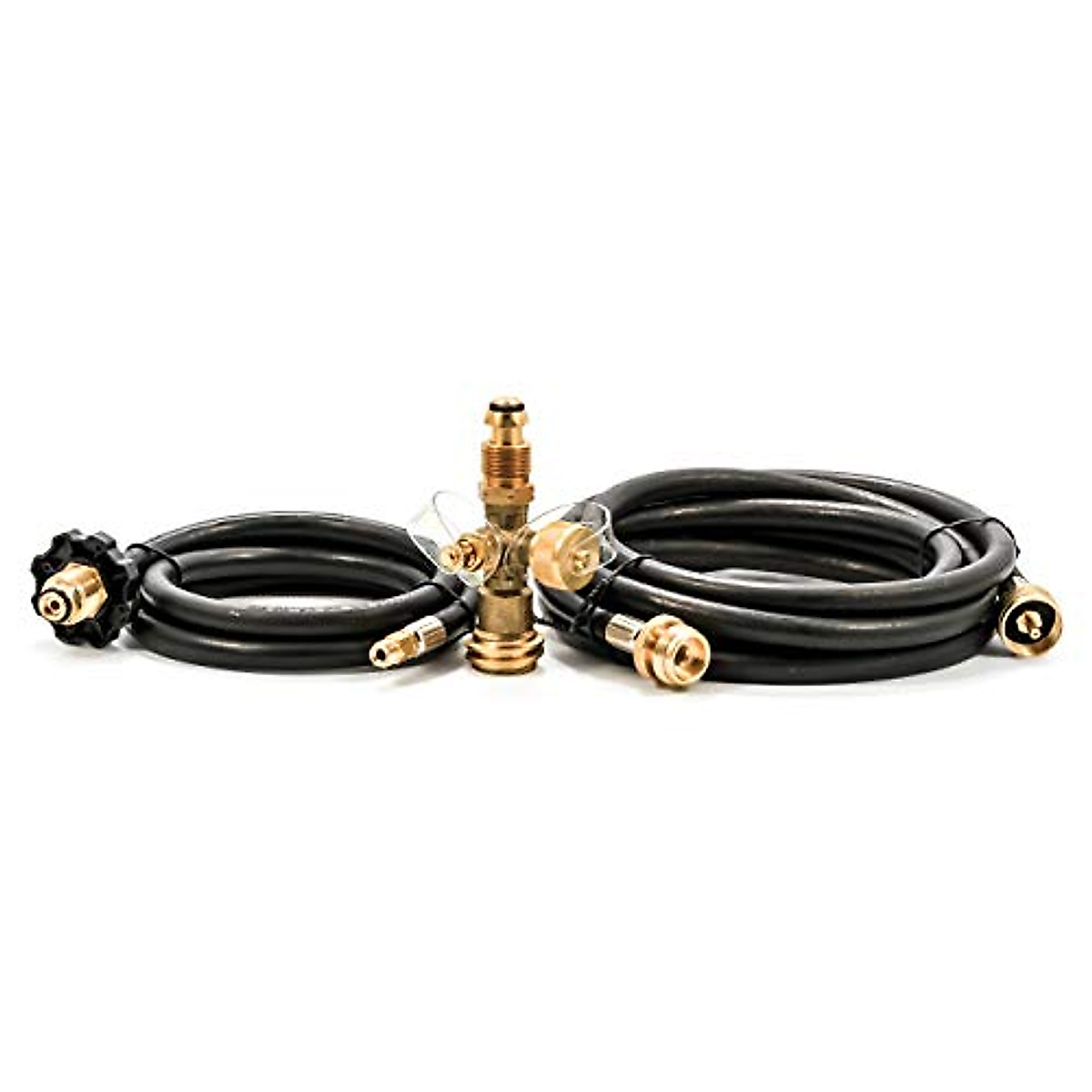 Camco Propane Brass 4 Port Tee- Comes with 5ft and 12ft Hoses, Allows for Connection Between Auxiliary Propane Cylinder and Propane Appliances (59123) , Black