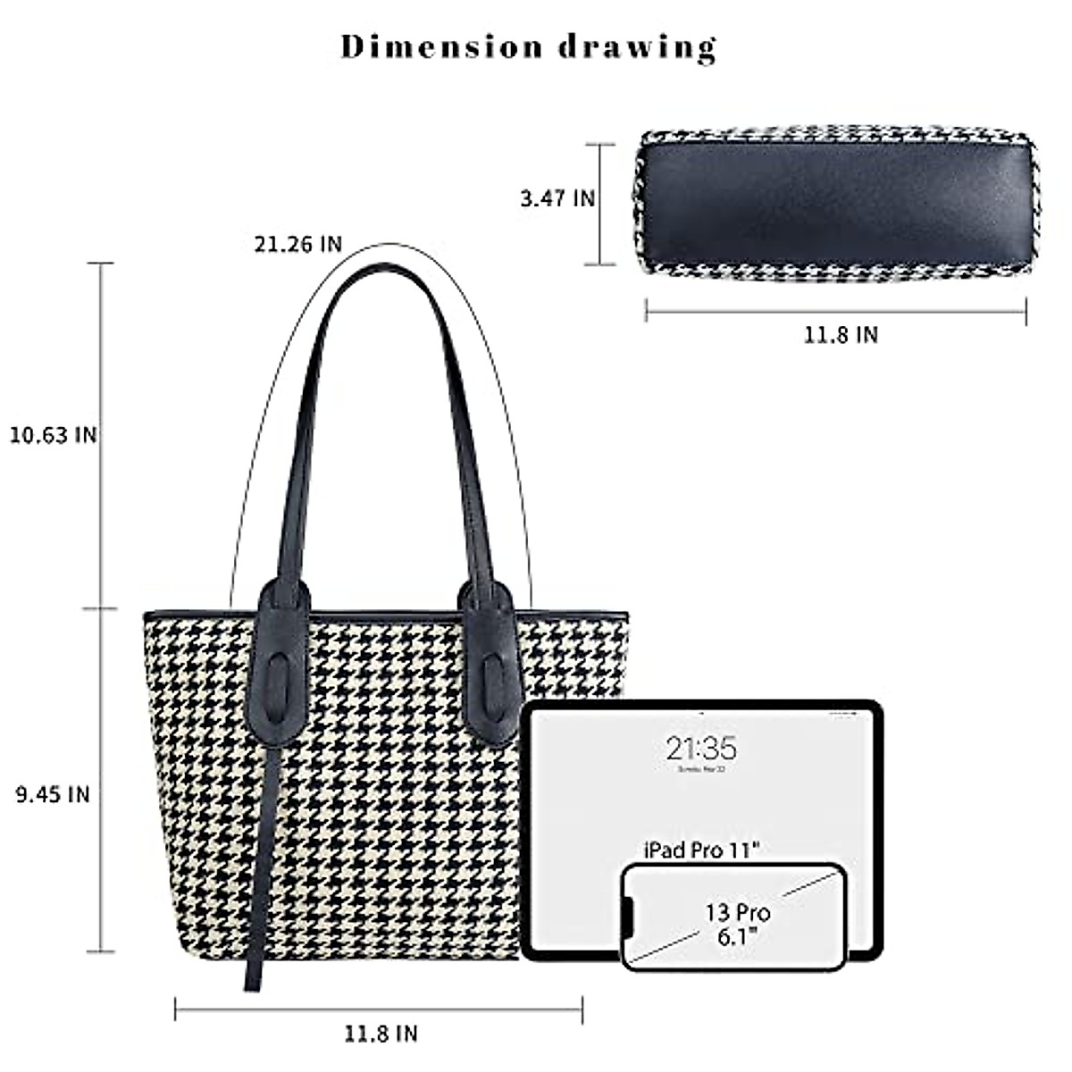 Whale Power Tote Bag for Women Houndstooth Shoulder Handbags Medium Size Purses with Zipper Black