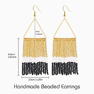 Handmade Beaded Tassel Earrings - Statement Seed Bead Earrings, Boho Beaded Fringe Drop Earrings for Women (TRIANGLE GOLD BLACK)