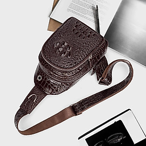 PIJUSHI Crocodile Leather Sling Bag for Men Casual Daypack Sling Backpack(PE020 Coffee RP)