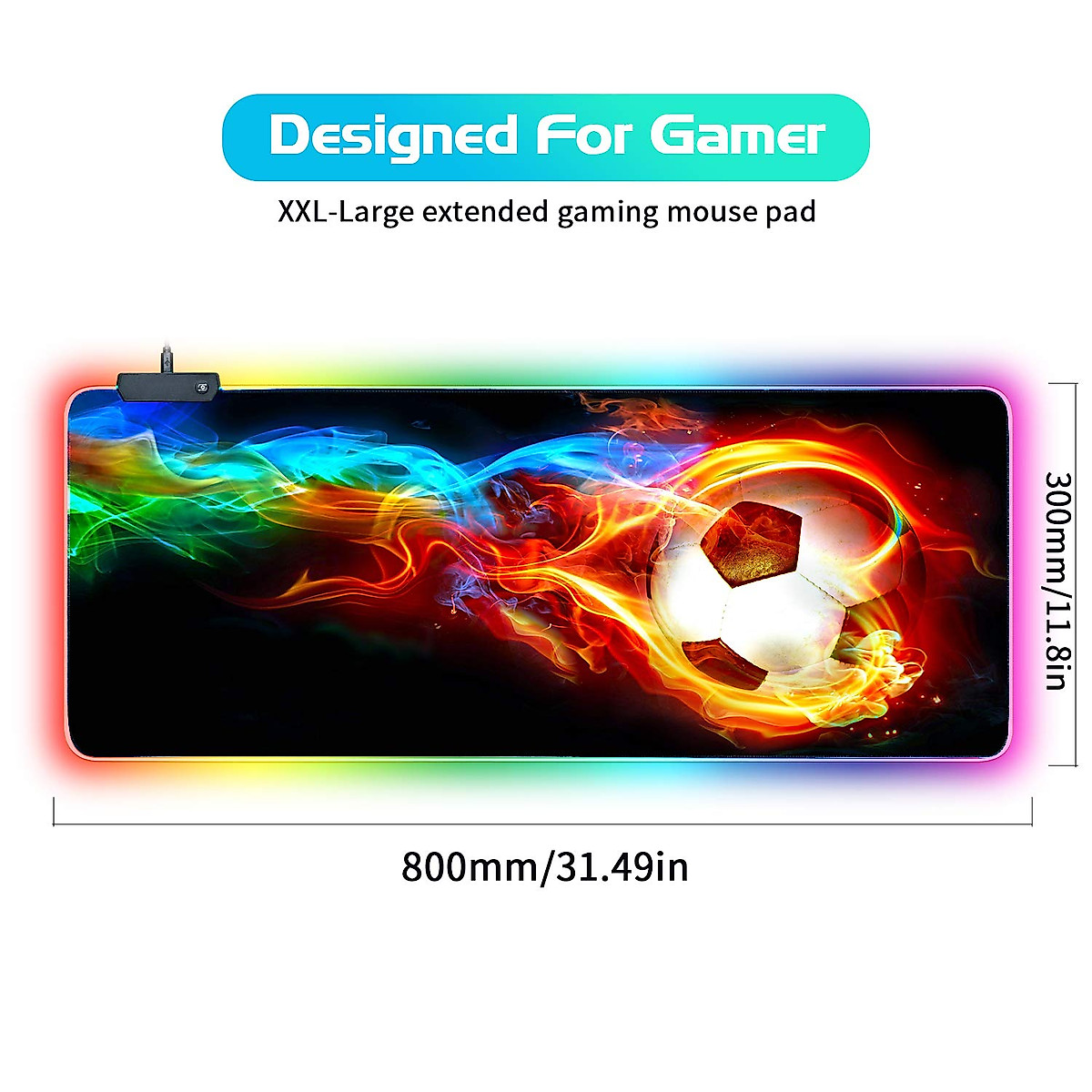 Large RGB Gaming Mouse Pad - Big Gaming Led Mouse Pad Smoothly Waterproof Surface XXL Mouse Pad with Anti-Slip Rubber Base Stitched Edge Mouse Pad for Keyboard,31.5"x12"x0.15"(Flame Soccer)