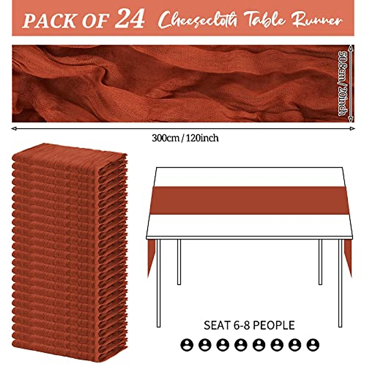 24 Pack Cheesecloth Table Runner 20 x 120 inch Cheese Cloth Table Runner Bulk,Romantic Boho Sheer Gauze Fabric Table Runners for Wedding Reception,Party,Bridal Shower Table Decor(Terracotta)