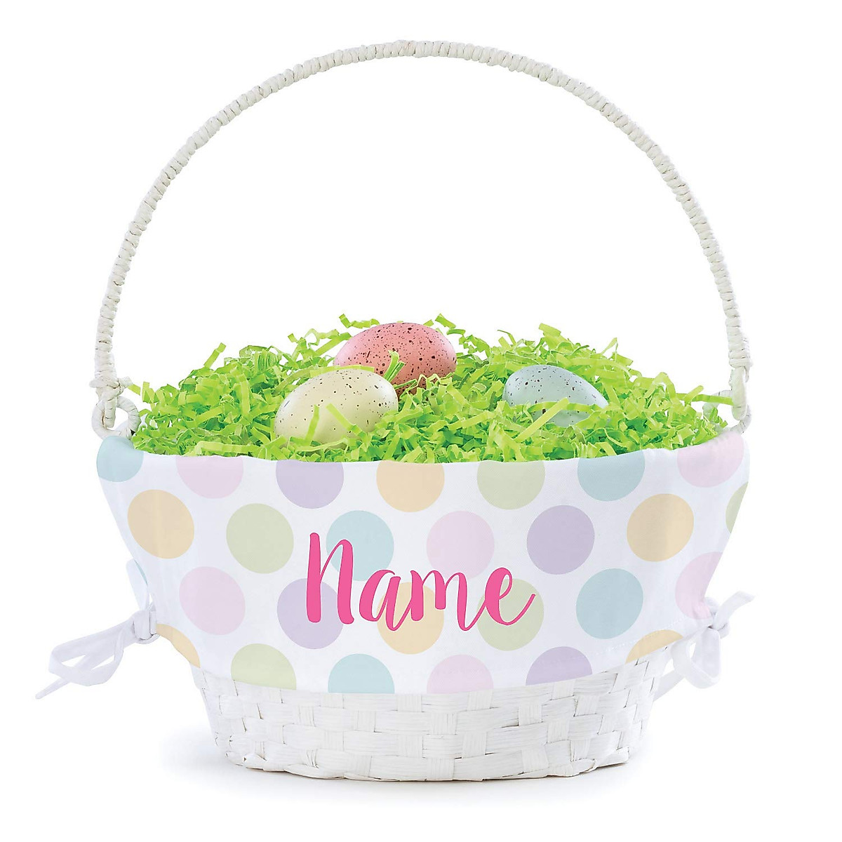 Personalized Easter Egg Basket For Her with Handle and Custom Name | Polka Dot Easter Basket Liners | White Basket | Woven Easter Baskets for Kids | Customized Easter Basket | Gift for Easter