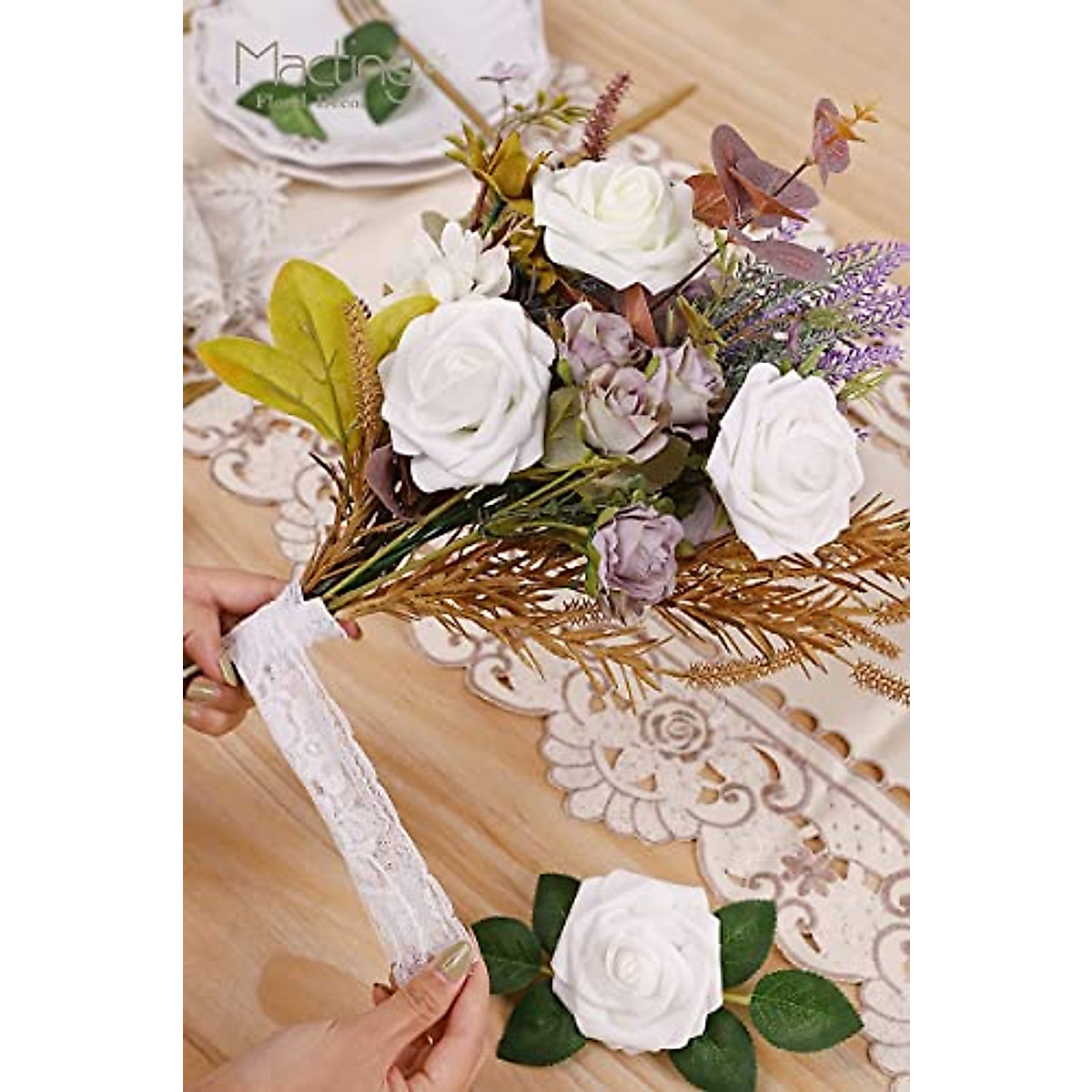 MACTING White Artificial Flowers 30pcs Real Touch Faux Flower Foam Fake Roses with Stems for DIY Wedding Bouquets Centerpieces Floral Arrangements Party Tables Home Decorations