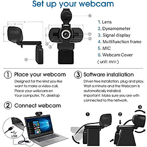 Necesa Webcam HD 1080P, Webcam with Microphone and Privacy Cover, Streaming Computer or Desktop Laptop USB Web Camera with 110 Big Black
