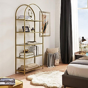 5-Tier Open Bookshelf, 72,2" Industrial Arched Bookcase Storage Shelves with Metal Frame, Freestanding Display Rack Tall Shelving Unit for Office, Bedroom, Living Room (Gold)
