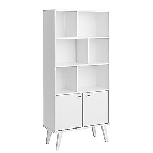 Prepac Milo Mid-Century Modern Bookcase with Six Shelves, Two Doors, and Brushed Brass-Finished Knobs