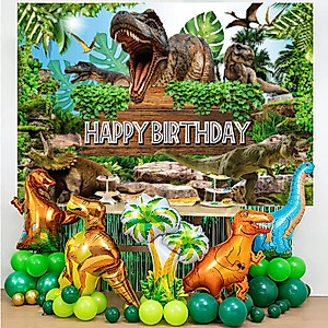 Sensfun Dinosaur Park Birthday Backdrop Dinosaurs World Happy Bday Banner Photography Background for Kids Tropical Safari Jungle Dino Theme Birthday Party Decorations Supplies Photo Booth Props 7x5ft