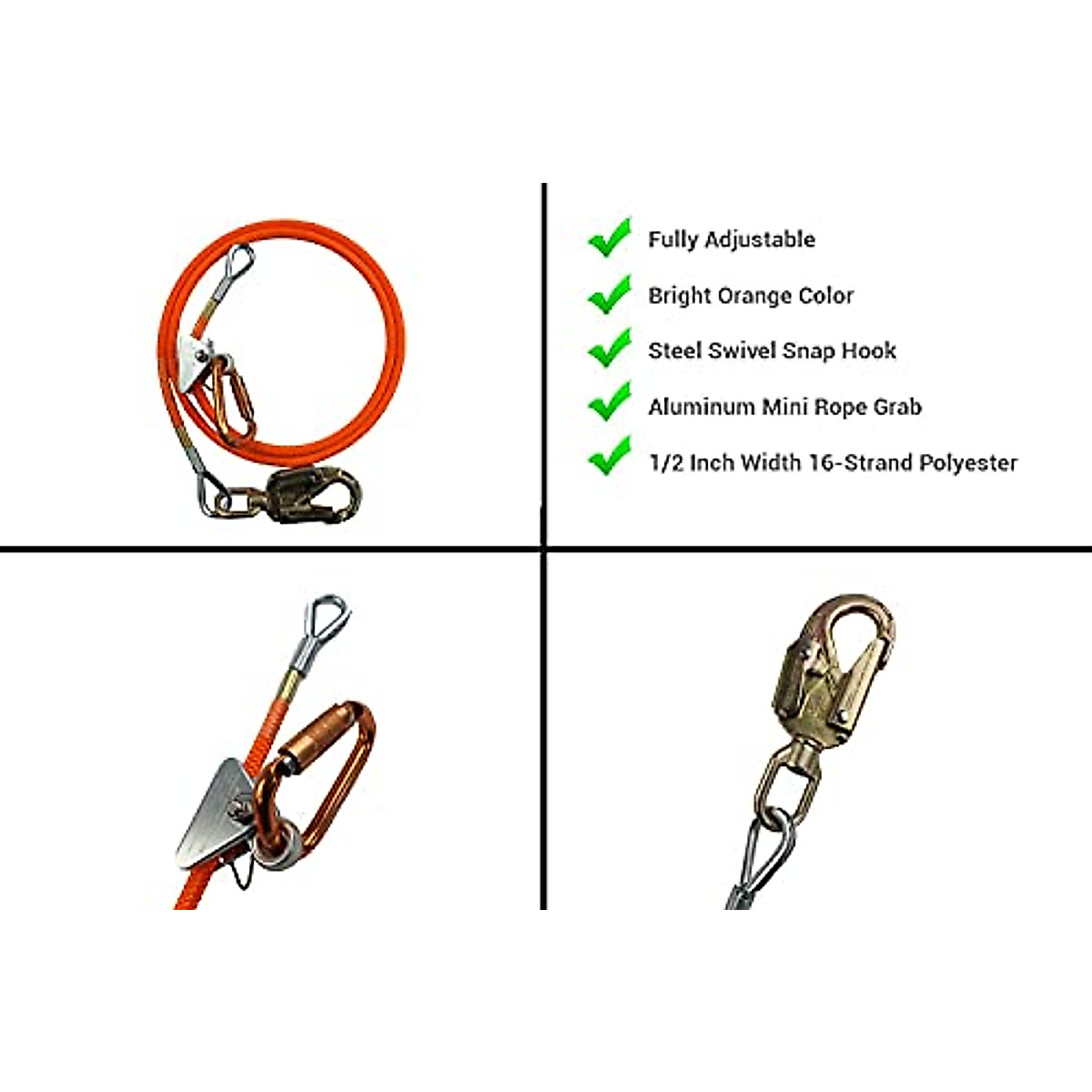 ProClimb Steel Core Flipline Kit (1/2 inch x 10 feet) - Adjustable Tree Lanyard, Low Stretch, Cut Resistant – for Fall Protection, Arborist, Tree Climbers