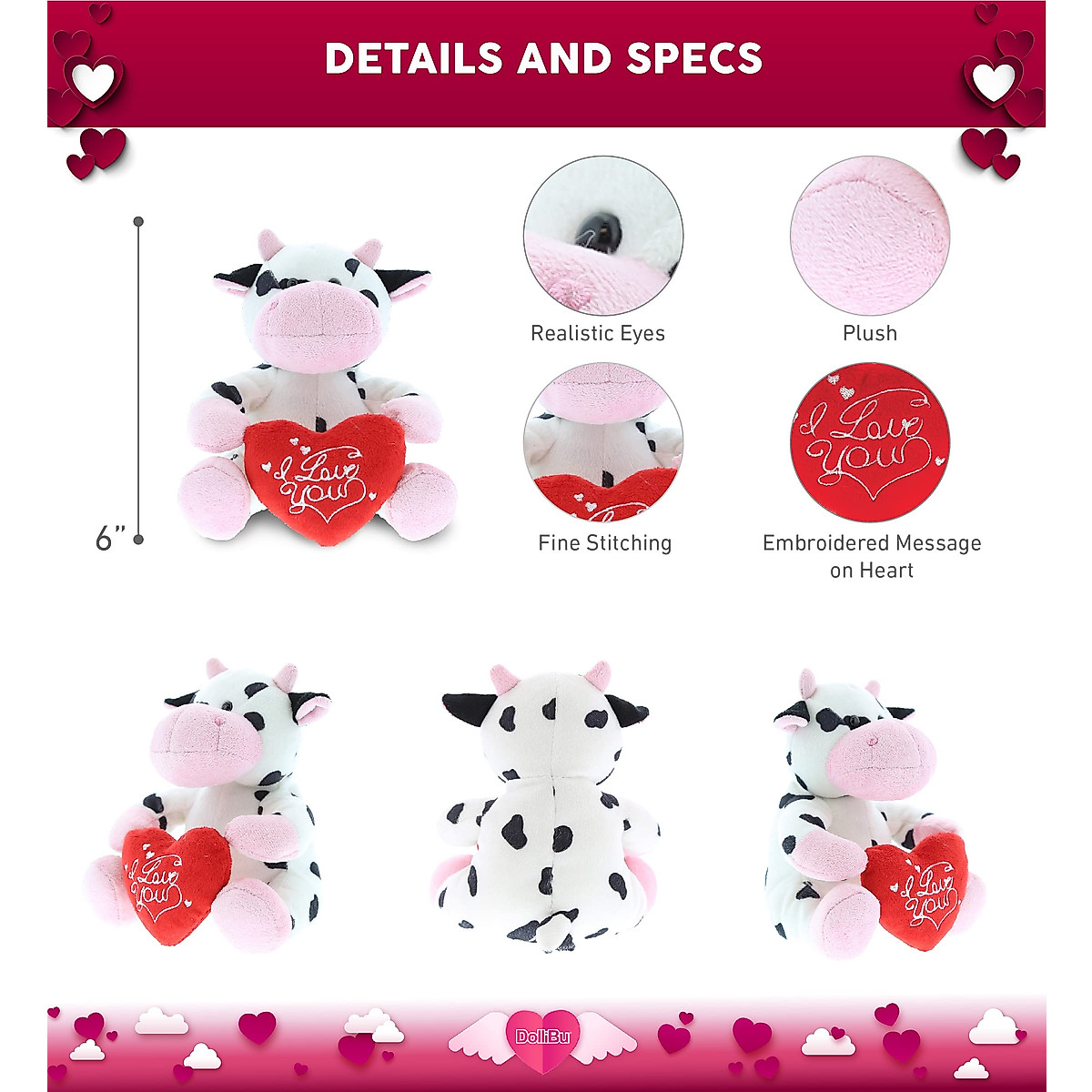 DolliBu I Love You Valentine Pink Cow Plush - Fluffy Cow Stuffed Animal with Red I Love You Plush Heart and Name Personalization Gift for Valentines Day, Birthday, Anniversary, Romantic Date - 6 Inch
