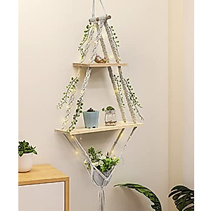 Afuly Macrame Hanging Shelves 2 Tiers Floating Shelf Natural Wood Wall Shelves Chic Boho Decor, Pine Wood Cotton Rope Bohemian Floating Plants Storage for Bedroom Bathroom Living Room, Beige