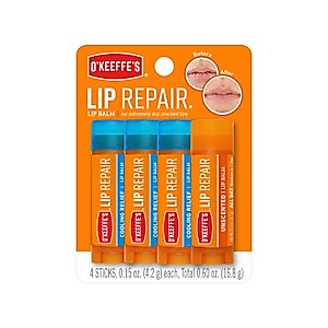 O'Keeffe's Lip Repair Lip Balm for Dry, Cracked Lips, Stick, (Pack of 4: 3 Cooling + 1 Unscented)