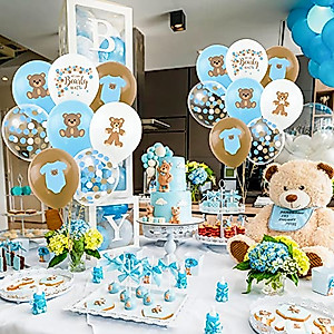 45Pcs Blue Bear Baby Shower Party Balloons, 12" Latex Printed We Can Bearly Wait Brown Creamy Bear Balloon Decor for It's A Boy Gender Reveal Kid Birthday Wedding Photo Prop Party Decorations Supplies