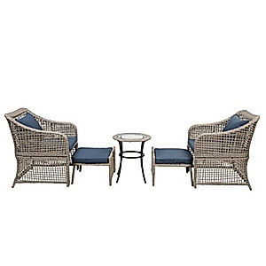 FZZDP 5-Piece Outdoor Conversation Set Patio Furniture Set Rattan Wicker Chair with Stool and Tempered Glass Table