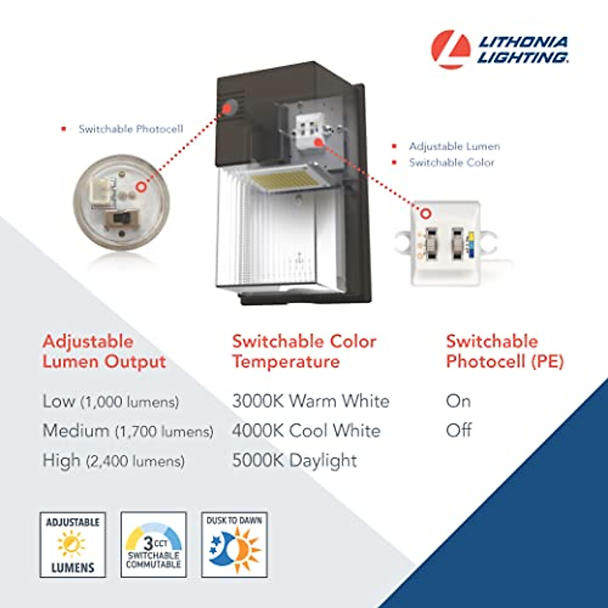 Lithonia Lighting TWS LED ALO SWW2 MVOLT PE DDB M2 LED Wall Pack with Switchable Color Temperature, Adjustable Lumen Output and Switchable Photocell, MVolt 120-277V, Dark Bronze