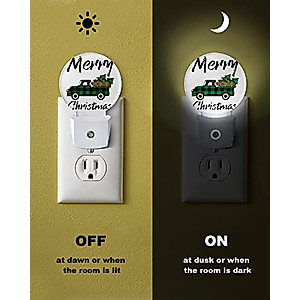 Merry Christmas Truck Night Lights Plug into Wall, Xmas Tree Green Auto Round LED Lights with Dusk to Dawn Sensor for Bedroom, Bathroom, Hallway, Kitchen, Kids, Home Decor