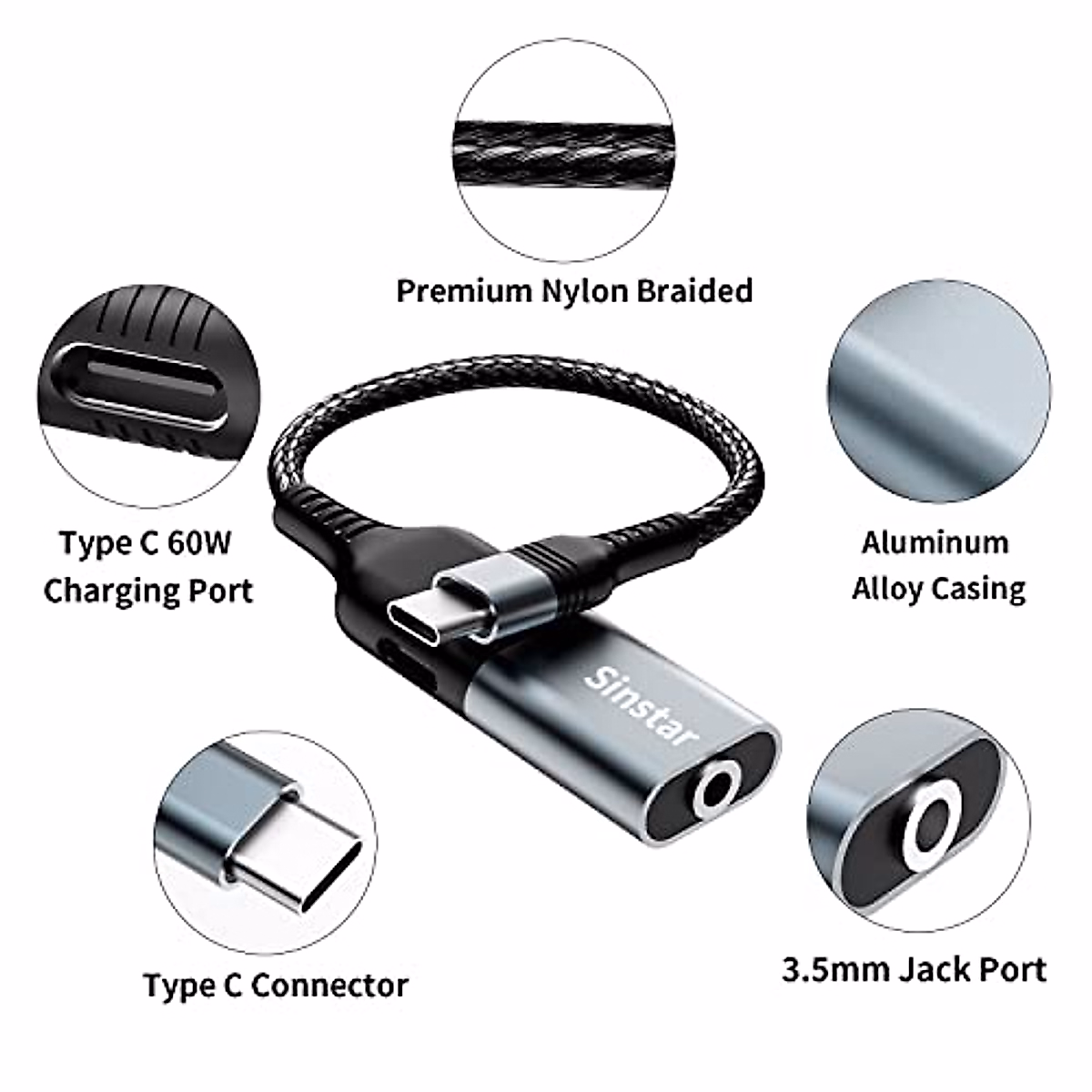sinstar USB C to 3.5mm Audio Headphone Jack and USB C PD 3.0 Fast Charger Adapter Cable Compatible with Samsung S23/S22 Note20/10 Pixel 5/4 iPad Pro Air Pixel 7/6A/6
