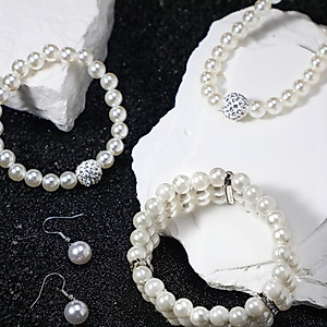 Glenmal Pearl Rhinestone Jewelry Set for Women Wedding Necklace Bracelet Earrings for Halloween Birthday Tea Party(Elegant Style)
