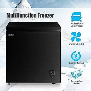 Chest Freezer 5.0 Cu.Ft Small Deep Freezer Black Top Door Mini Freezer with Removable Basket, Low Noise, 7 Adjustable Temperature and Energy Saving Perfect for Home Garage Basement Dorm or Apartment