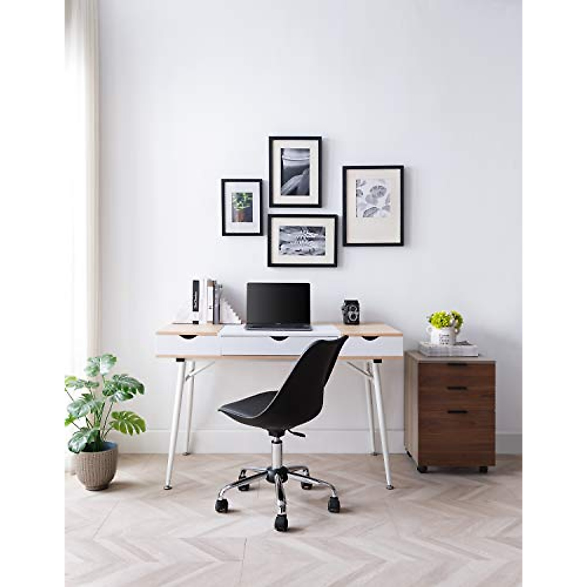 JJS Home Computer Desk, Writing Desk with Drawers, Contemporary Design Split Top Storage Modern Desk, Sturdy and Easy Assembly Spacious Desktop Mid Century Desk,White Desks for Bedroom Dresser Table