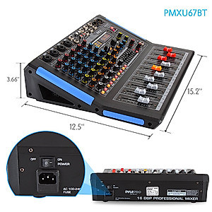 Pyle 6-Channel Bluetooth Studio Audio Mixer - DJ Sound Controller Interface with USB Drive for PC Recording Input, XLR Microphone Jack, 48V Power, I/O for Professional and Beginners - PMXU67BT