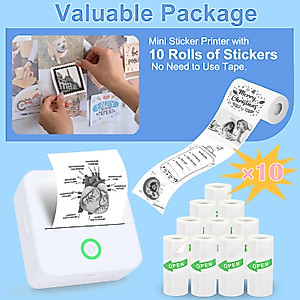 Vicbear Mini Sticker Printer, Sticker Maker Machine Printer with 10 Sticker Paper Rolls, Mini Printer Sticker Maker for Photos/Labels/Notes, Inkless Thermal Portable Printer for Phone/Tablet, White