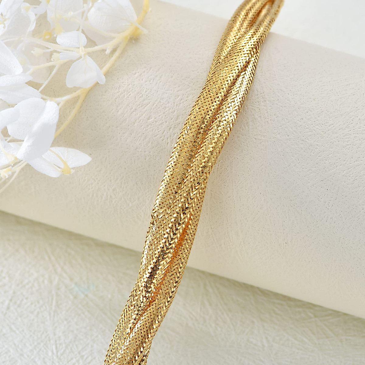 18K Solid Gold Braided Bracelet for Women, Yellow Gold High Luster Braided Herringbone Link Chain Bracelet Jewelry Gift for Wife Mom Girlfriend 8inch