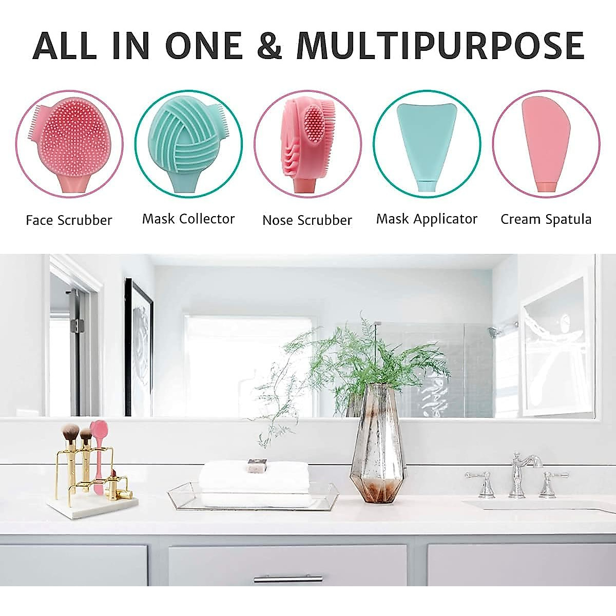 2 Pack Silicone Face Scrubber, 4 in 1 Facial Cleansing Brush, Handheld Face Wash Brush for Pore Cleansing, Gentle Exfoliating, Removing Blackhead, Blue and Pink