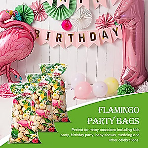 Geyee 100 Pieces Flamingo Cellophane Treat Bags Hawaiian Themed Candy Bags Tropical Pink Flamingos Palm Tree Pineapple Goodie Bags with 100 Pieces Silver Twist Ties for Teens Birthday Party Supplies