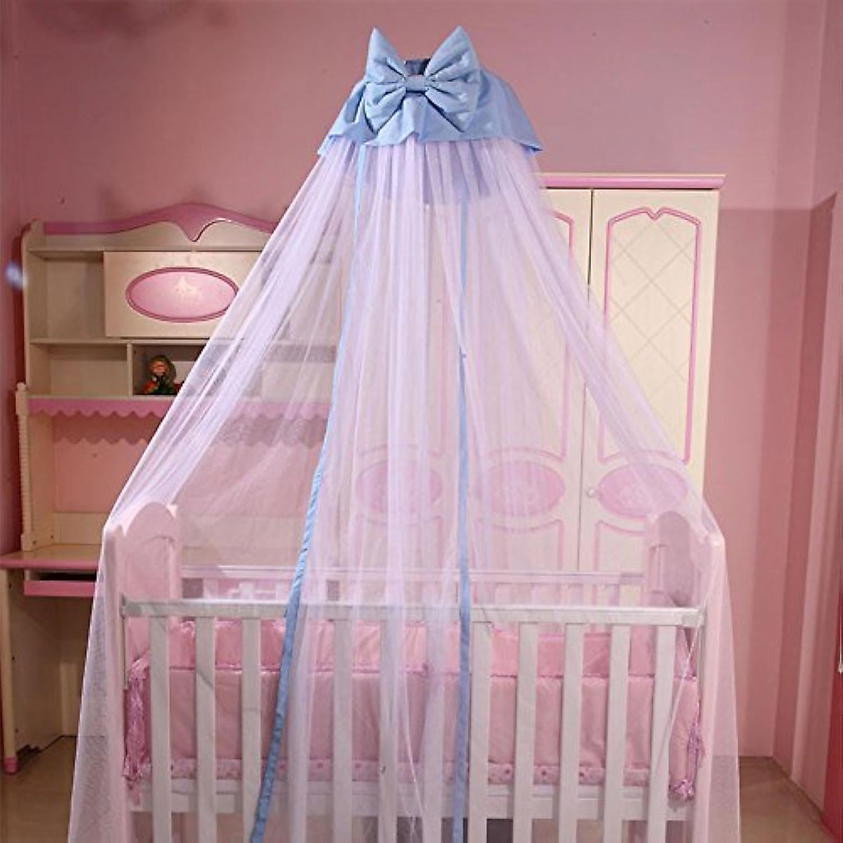 RuiHome Dome Style Hanging Baby Mosquito Net Nursery Bed Canopy with Blue Bowknot Decor, Netting with Holder Stand