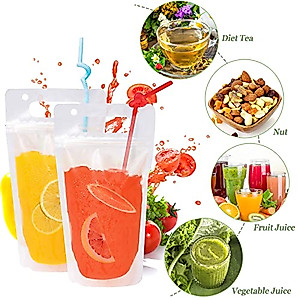 100 Pcs Drink Pouches for Adults, Reusable Drink Pouches with Straws Funnel, Hand-held Juice Pouches for Adults Smoothie Pouches for Birthday, Cool Summer Party