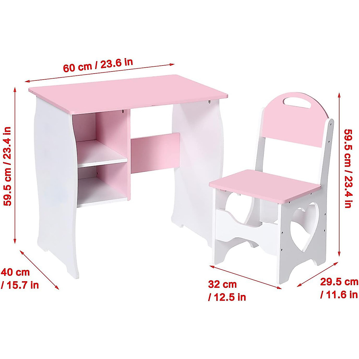 ocinone Kids Desk and Chair Set, Children Study Desk with Storage Shelf, Wooden School Study Table, Writing Table for Home School Use(pink white)