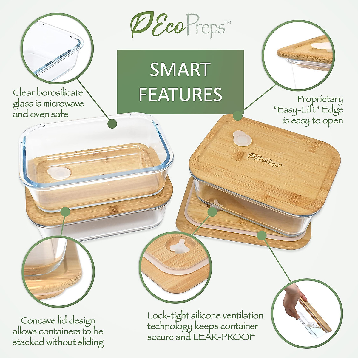 EcoPreps Glass Meal Prep Containers with Bamboo Lids [3 Pack] 100% Plastic Free, Eco-Friendly Glass Lunch Containers, Bamboo Lid Storage Containers, Oven & Microwave Safe Glass Food Storage Containers