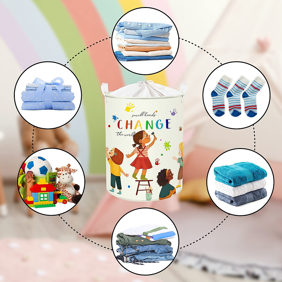 Clastyle 45L Small Hands Change The World Kid Laundry Basket Colorful Inspirational Quote Rainbow Nursery Hamper with Drawstring Round Toy Clothes Storage Basket for Back to School