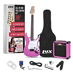 LyxPro 39 inch Electric Guitar Kit Bundle with 20w Amplifier, All Accessories, Digital Clip On Tuner, Six Strings, Two Picks, Tremolo Bar, Shoulder Strap, Case Bag Starter kit Full Size - Retro Purple