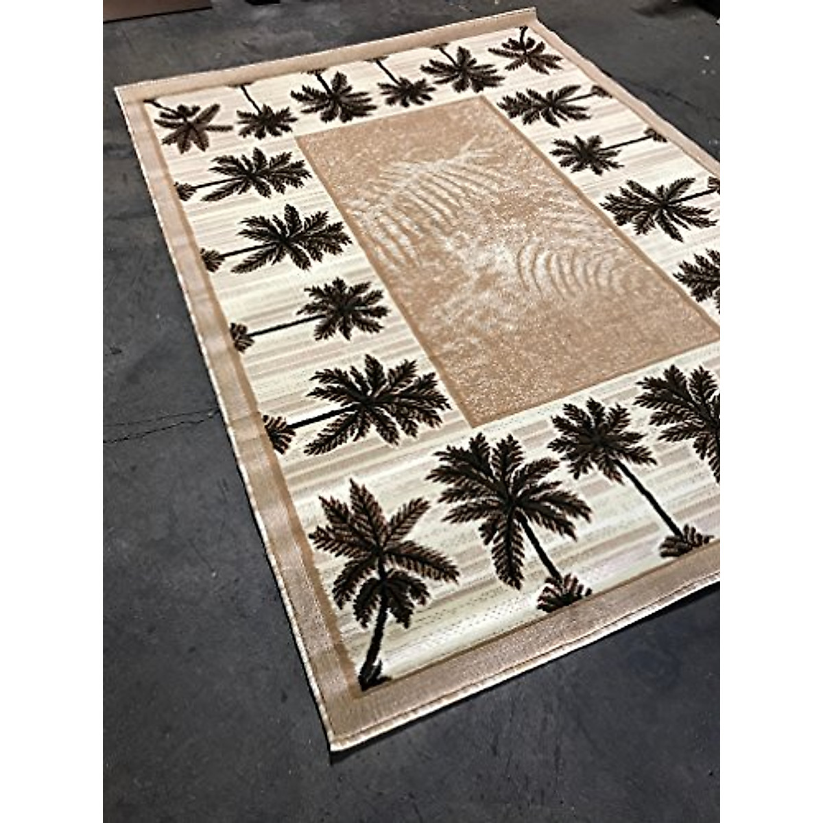 Palm Tree Modern Area Rug Tropical Beige & Green Design 729 (5 Feet X 7 Feet)