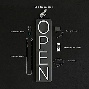 HiNeon Vertical Neon Open Sign, 26inx5in Vertical LED Open Sign for Business, Bar, Shop Windows, Restaurant Storefront, Direct Plugin w/ 12V Adapter & Remote Control w/ 6 Modes (White)